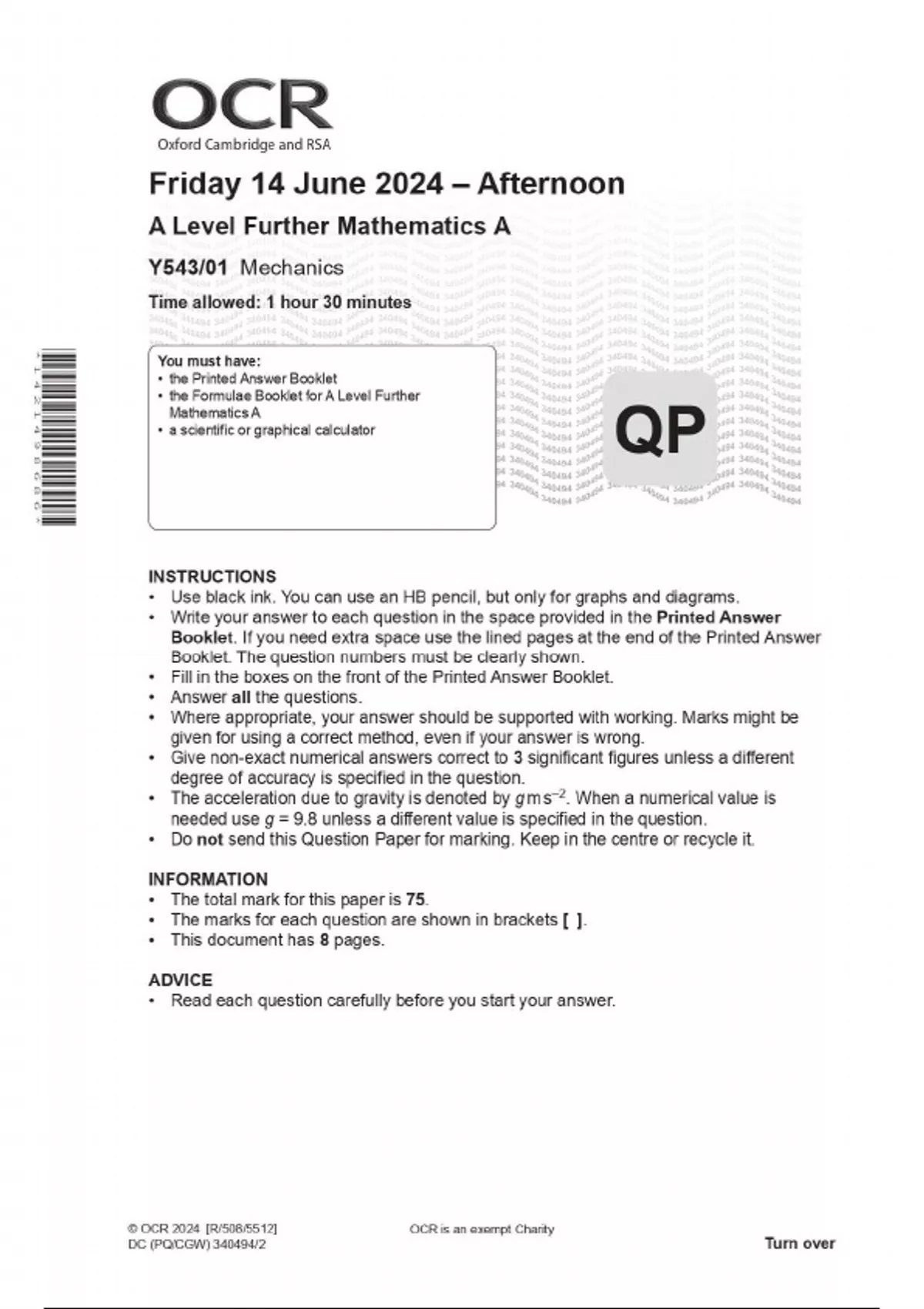 OCR 2024 A Level Further Mathematics A Y543/01 Mechanics Question Paper ...