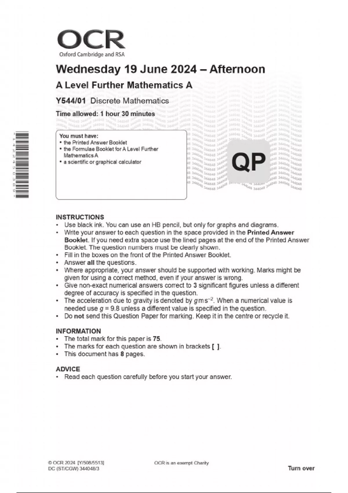OCR 2024 A Level Further Mathematics A Y544/01 Discrete Mathematics Question Paper & Mark Scheme ...