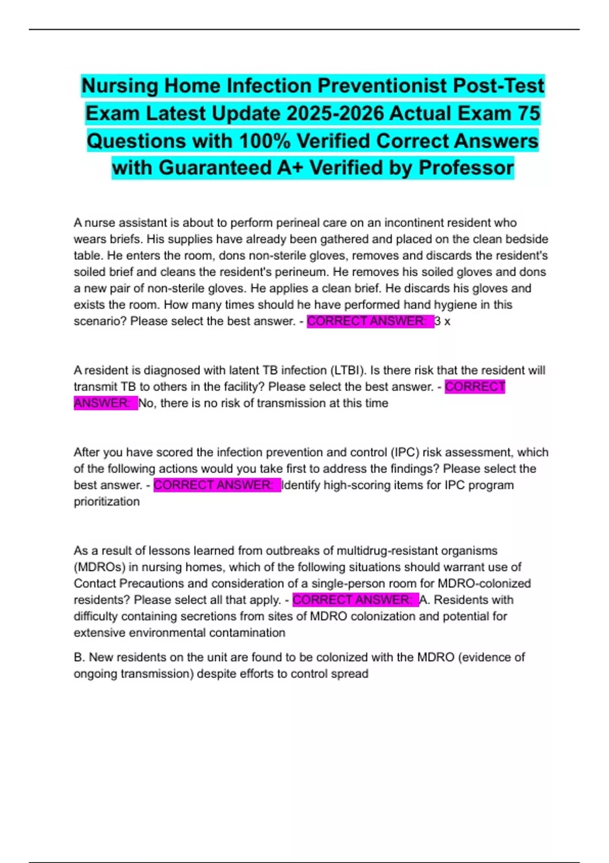 Nursing Home Infection Preventionist Post-Test Exam Latest Update ...