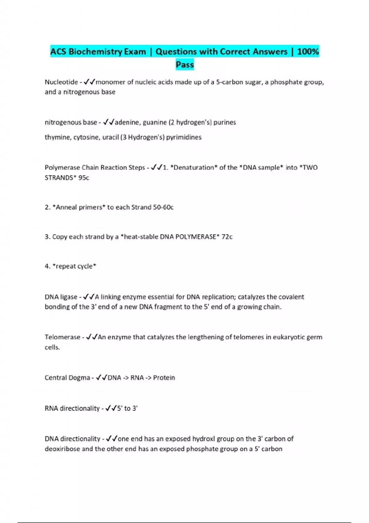 ACS Biochemistry Exam | Questions with Correct Answers | 100% Pass ...