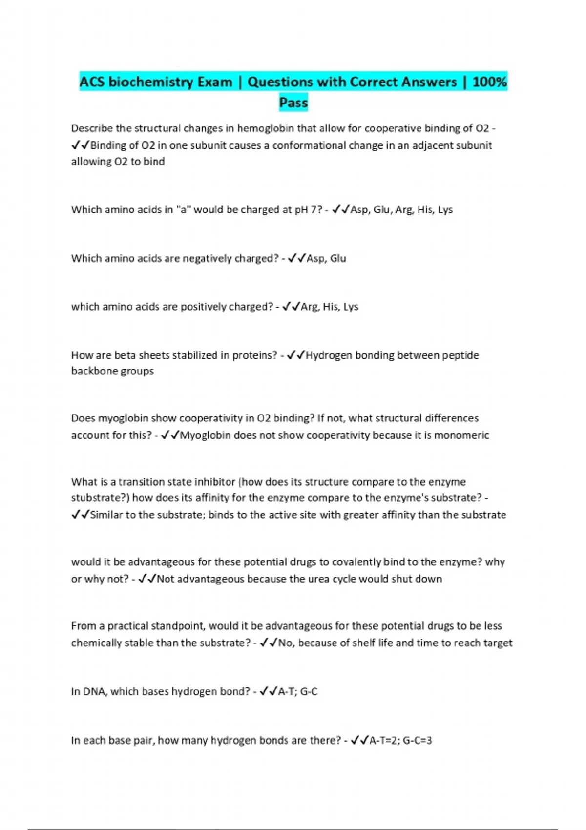 ACS biochemistry Exam | Questions with Correct Answers | 100% Pass ...