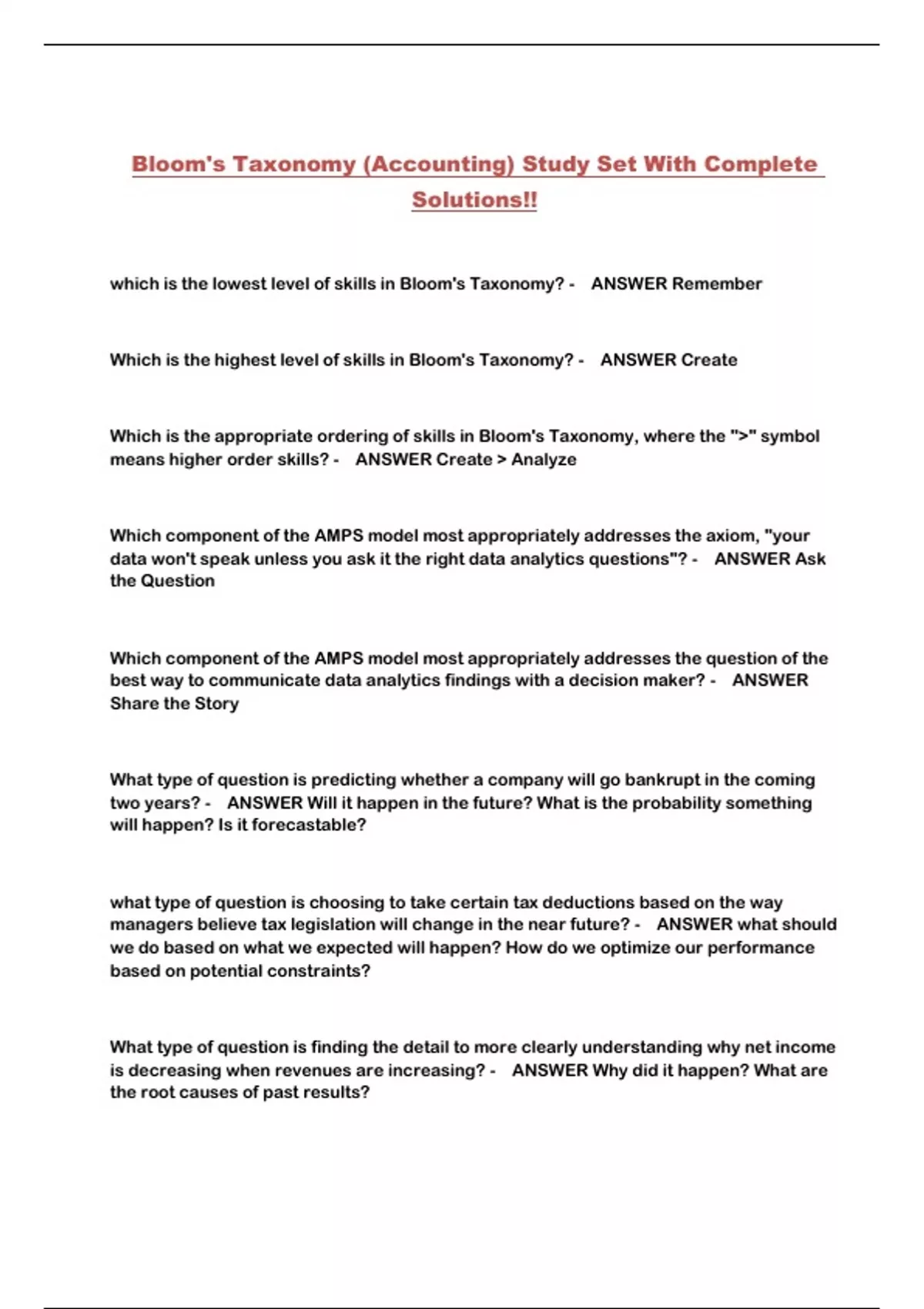 Bloom's Taxonomy (Accounting) Study Set With Complete Solutions ...