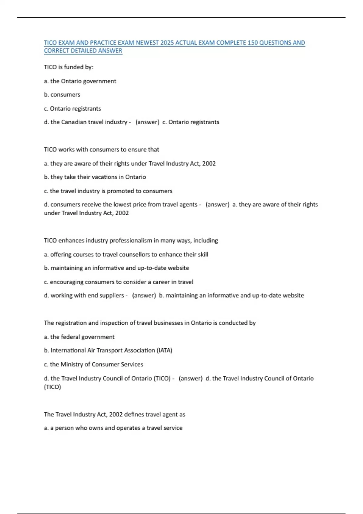 TICO EXAM AND PRACTICE EXAM NEWEST 2025 ACTUAL EXAM COMPLETE 150 ...