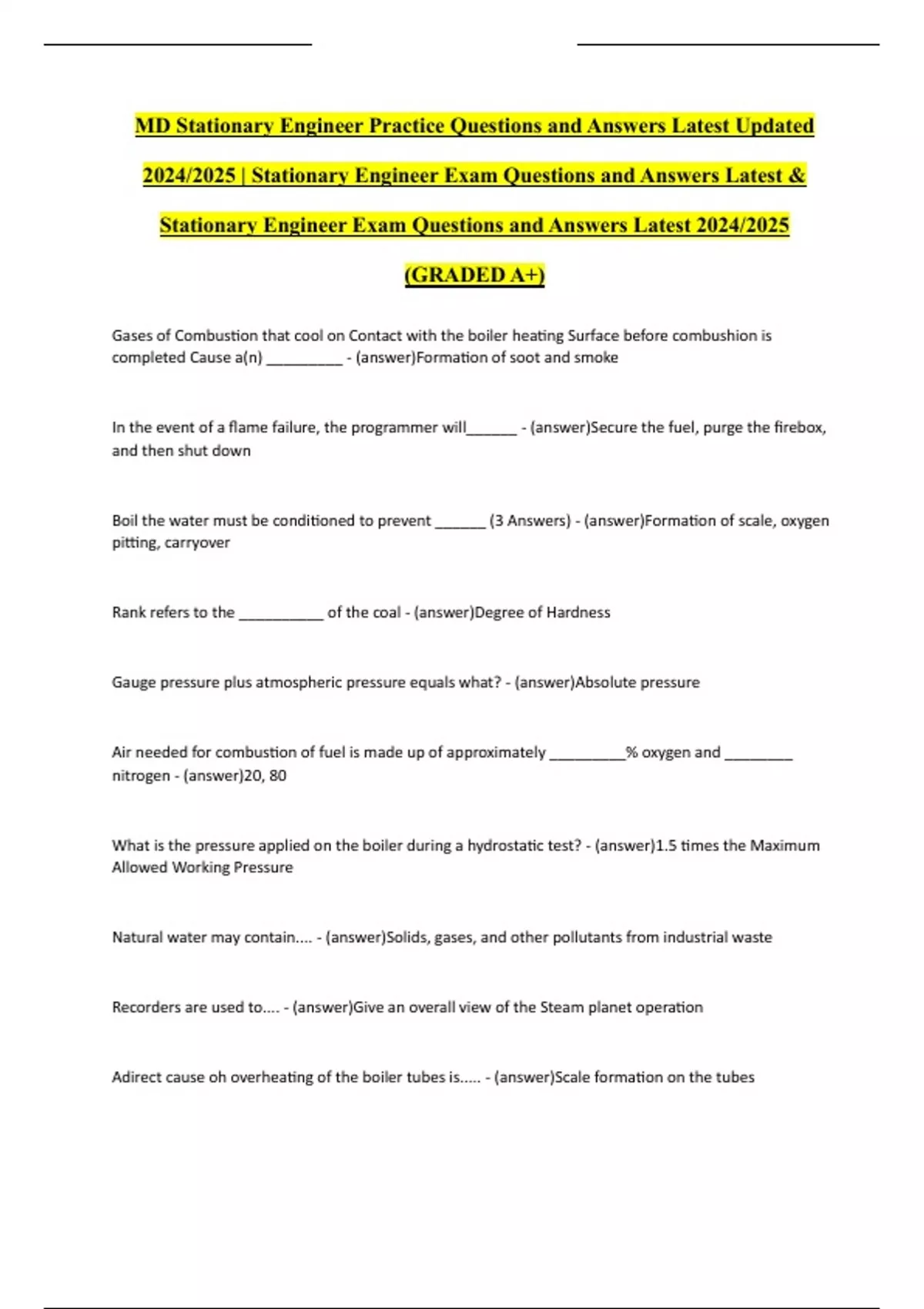 MD Stationary Engineer Practice Questions and Answers Latest Updated ...