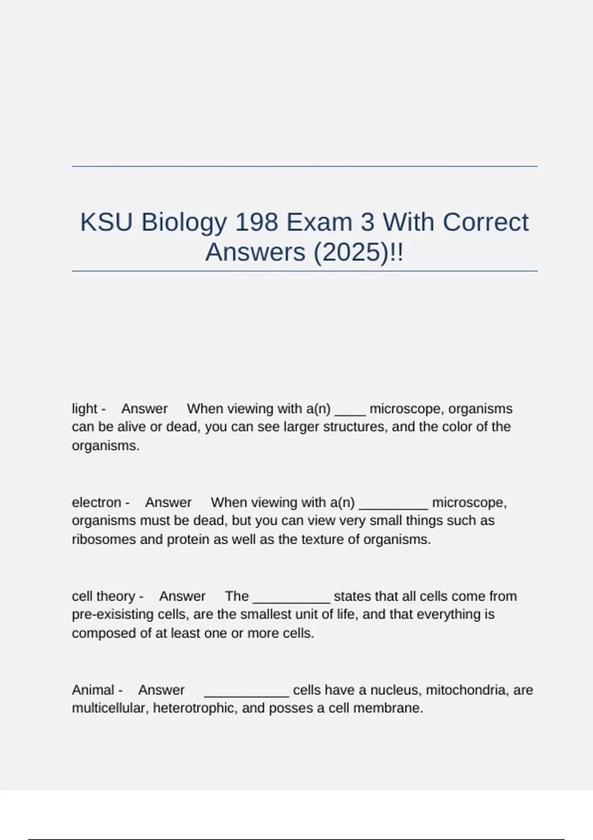KSU Biology 198 Exam 3 With Correct Answers (2025)!! - BIOL 198 - Stuvia US