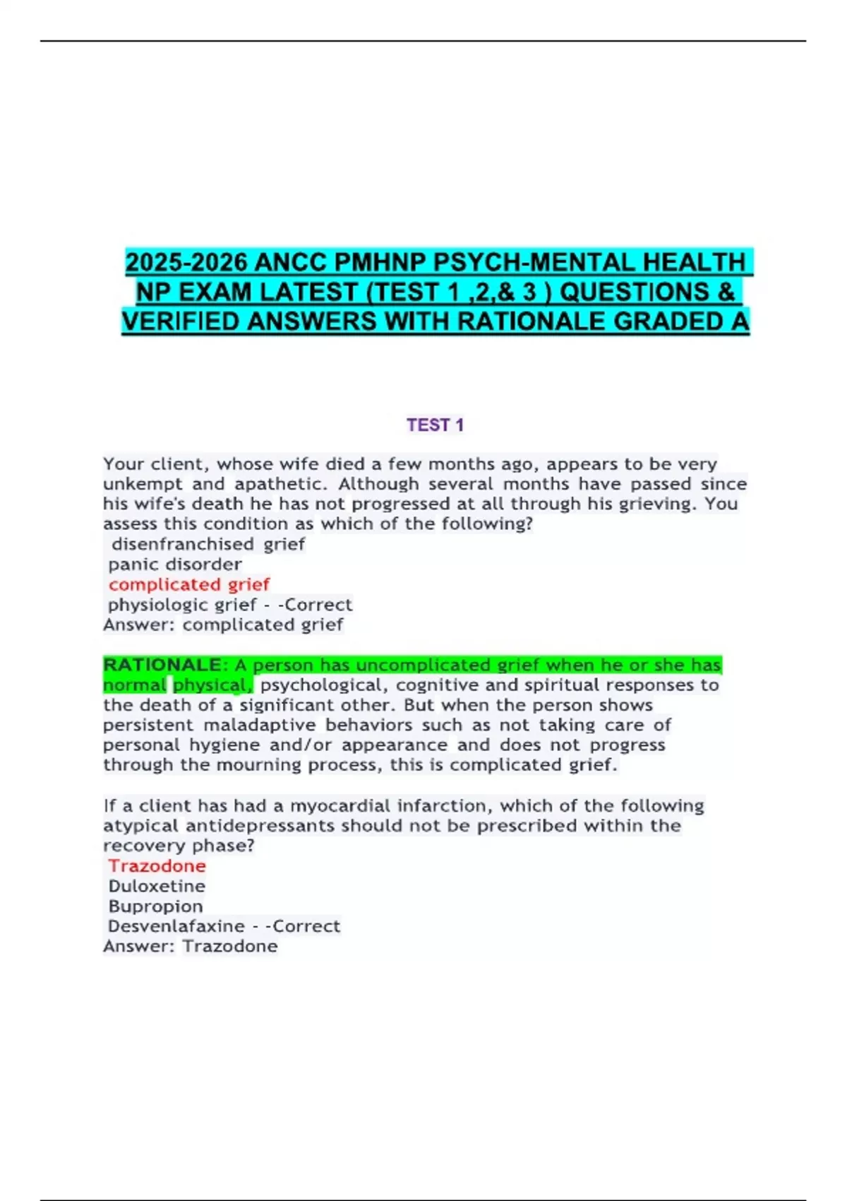 ANCC PMHNP PSYCH-MENTAL HEALTH NP EXAM LATEST (TEST 1 ,2,& 3 ...