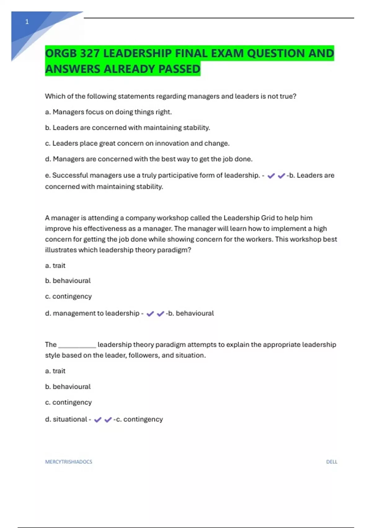ORGB 327 LEADERSHIP FINAL EXAM QUESTION AND ANSWERS ALREADY PASSED ...