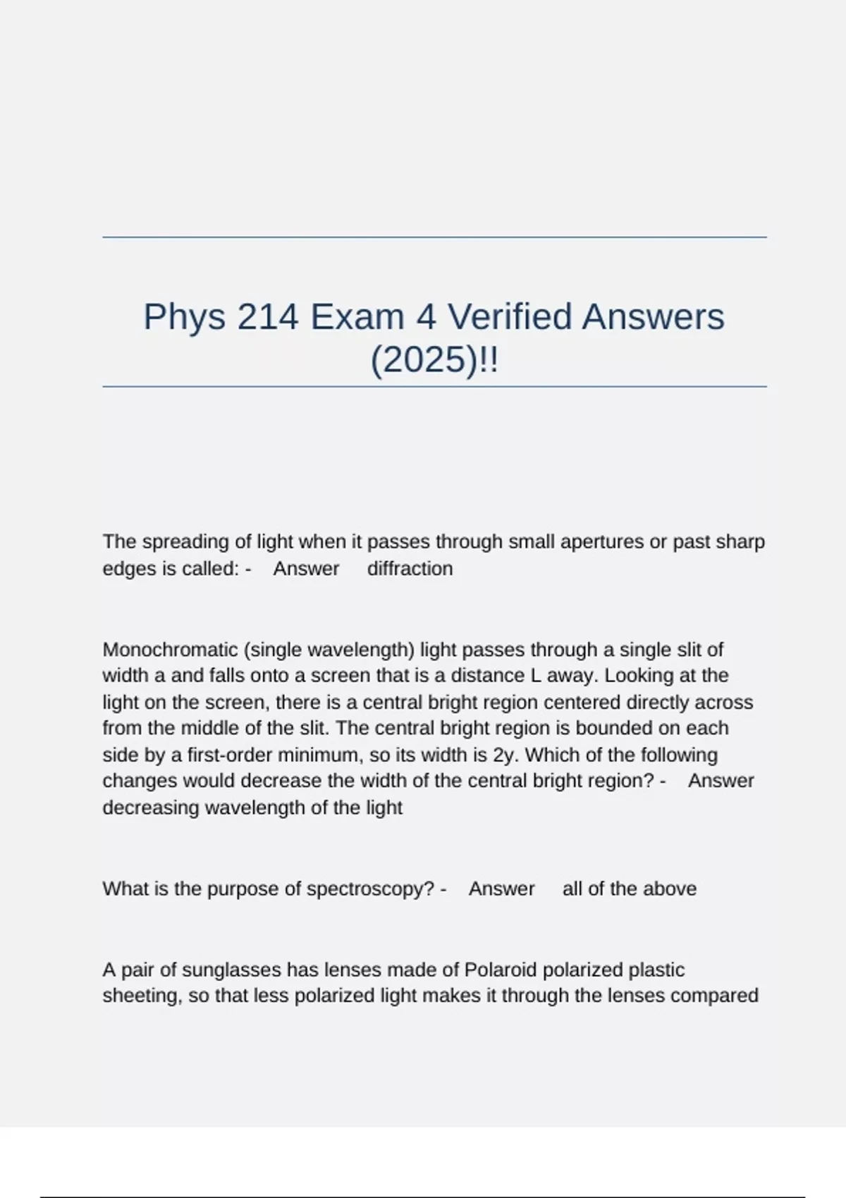 Phys 214 Exam 4 Verified Answers (2025)!! - PHYS 214 - Stuvia US
