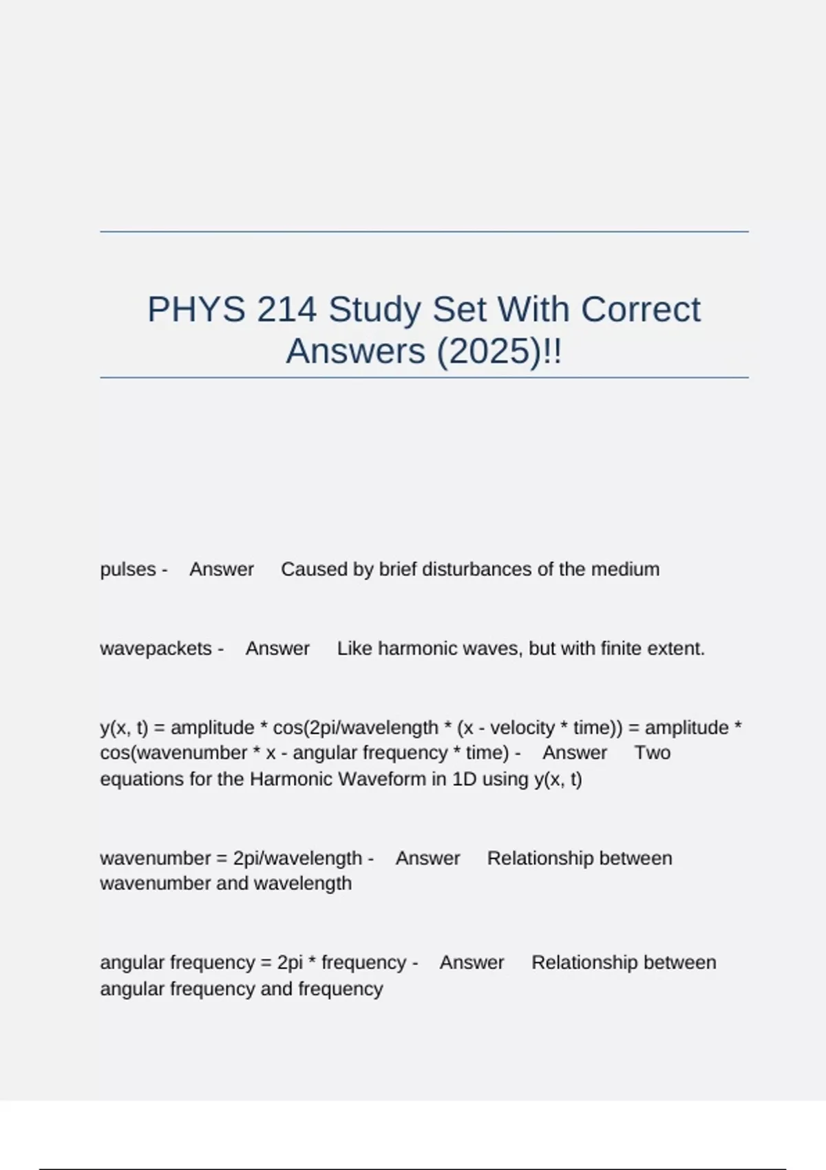 PHYS 214 Study Set With Correct Answers (2025)!! - PHYS 214 - Stuvia UK