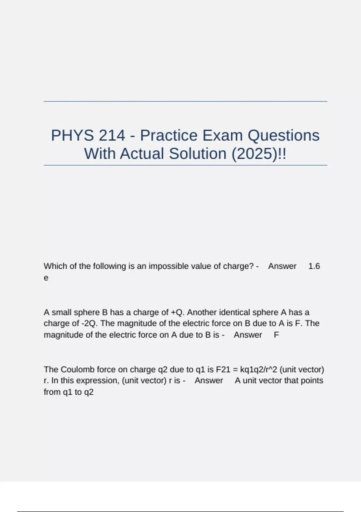 PHYS 214 - Practice Exam Questions With Actual Solution (2025)!! - PHYS 214 - Stuvia US