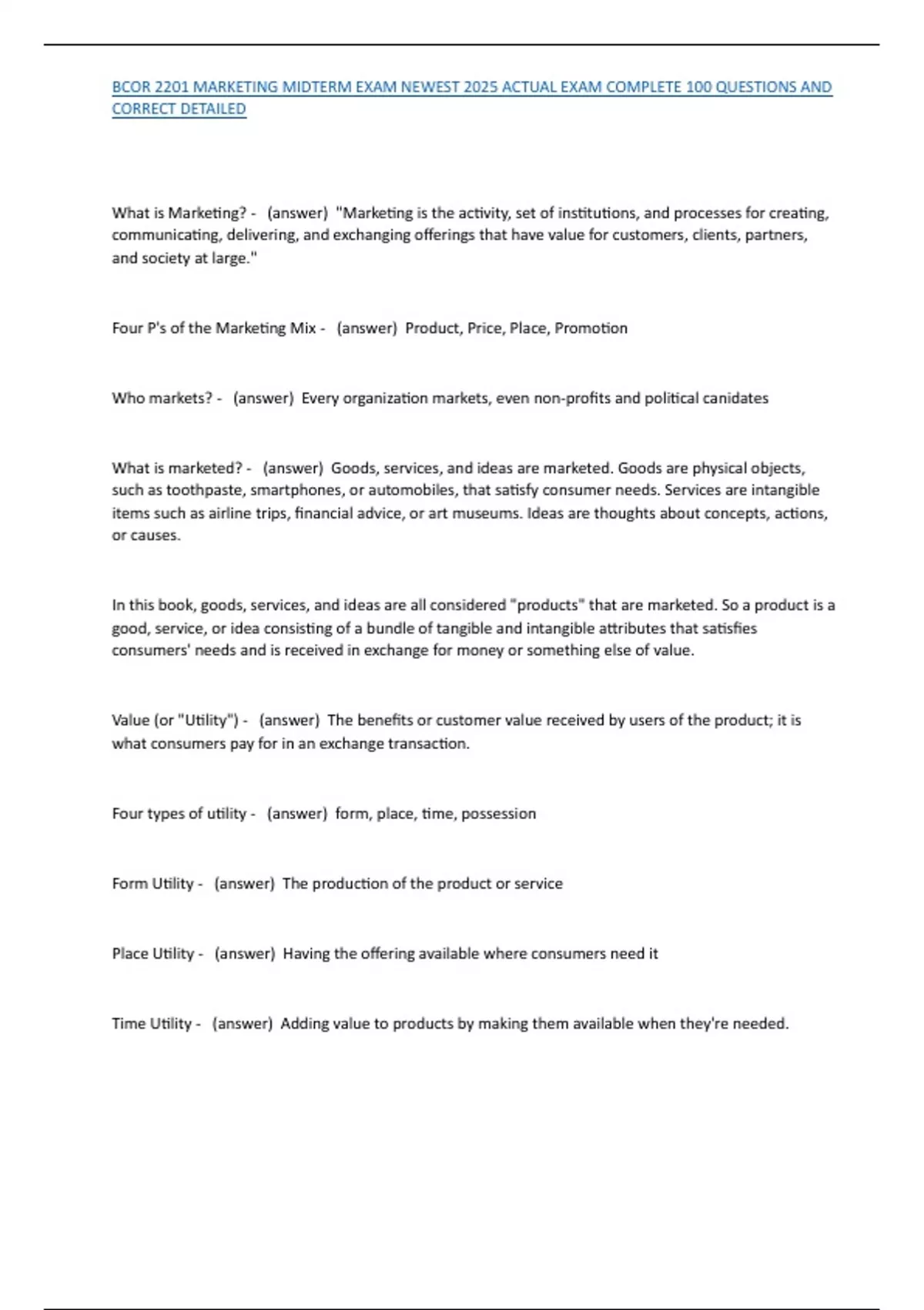 BCOR 2201 MARKETING MIDTERM EXAM NEWEST 2025 ACTUAL EXAM COMPLETE 100 ...