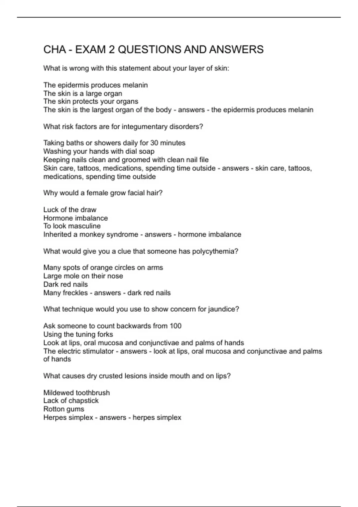 CHA - EXAM 2 QUESTIONS AND ANSWERS - CHA - Stuvia US