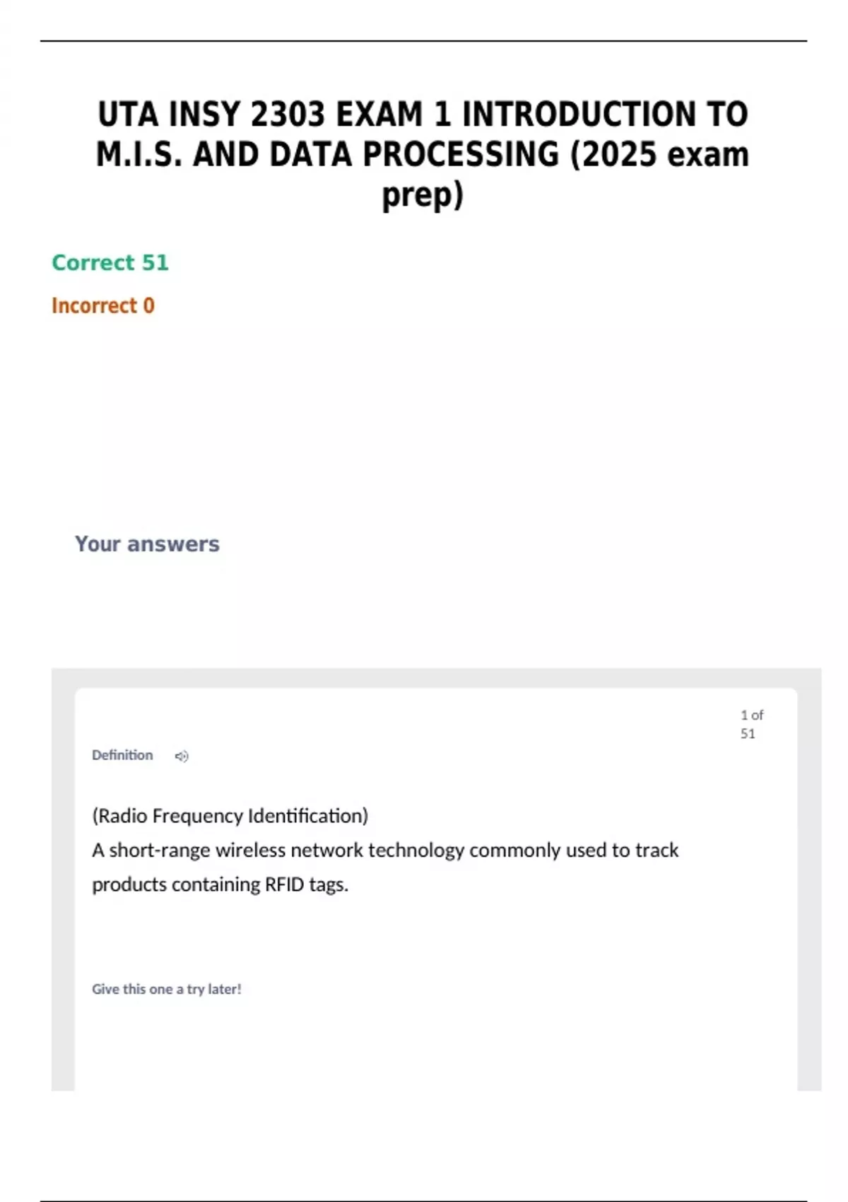 UTA INSY 2303 EXAM 1 INTRODUCTION TO M.I.S. AND DATA PROCESSING (2025 exam prep) - INSY 2303 ...