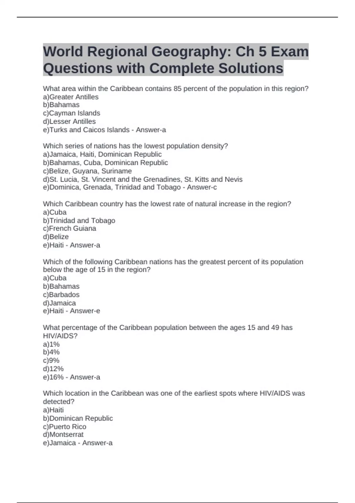 World Regional Geography: Ch 5 Exam Questions with Complete Solutions ...