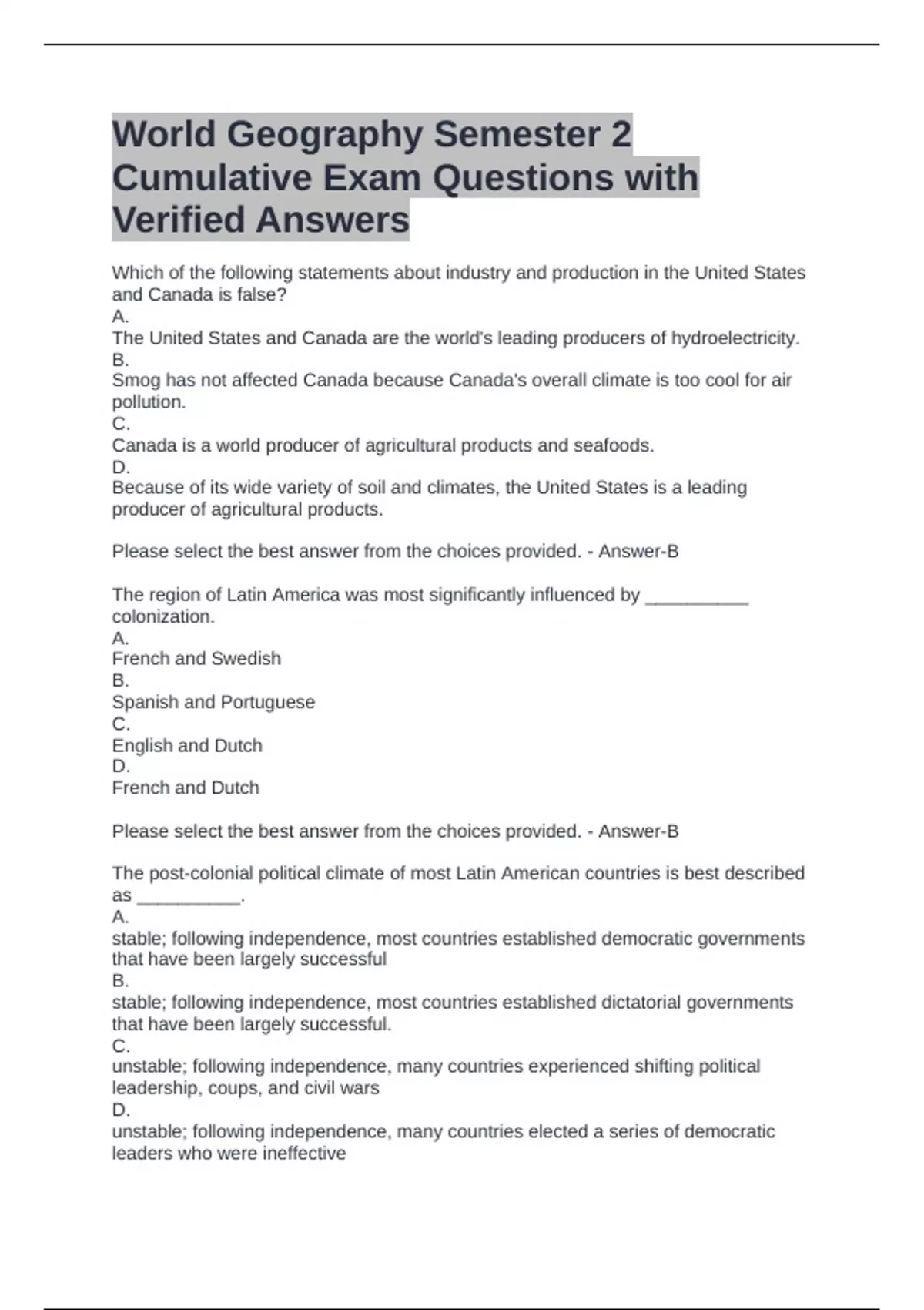 World Geography Semester 2 Cumulative Exam Questions with Verified ...