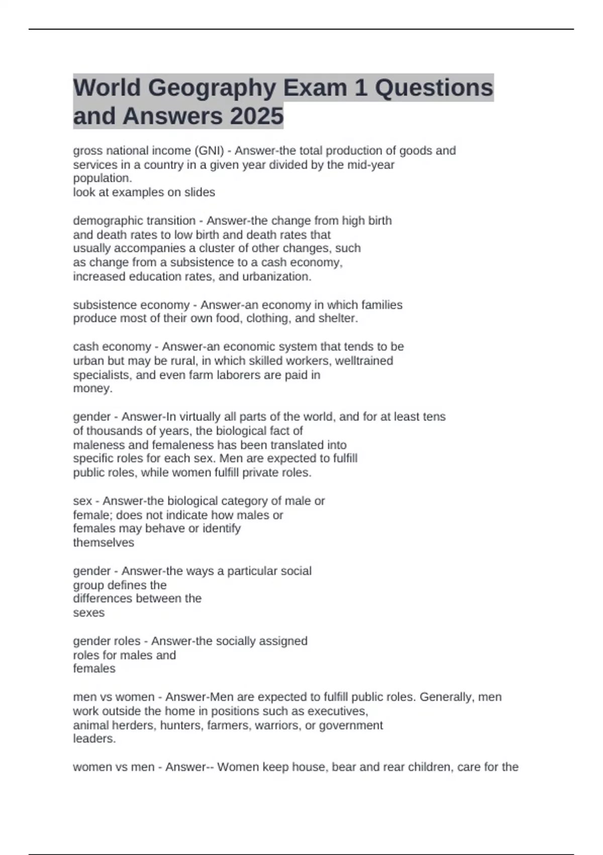 World Geography Exam 1 Questions and Answers 2025 - World Geography ...