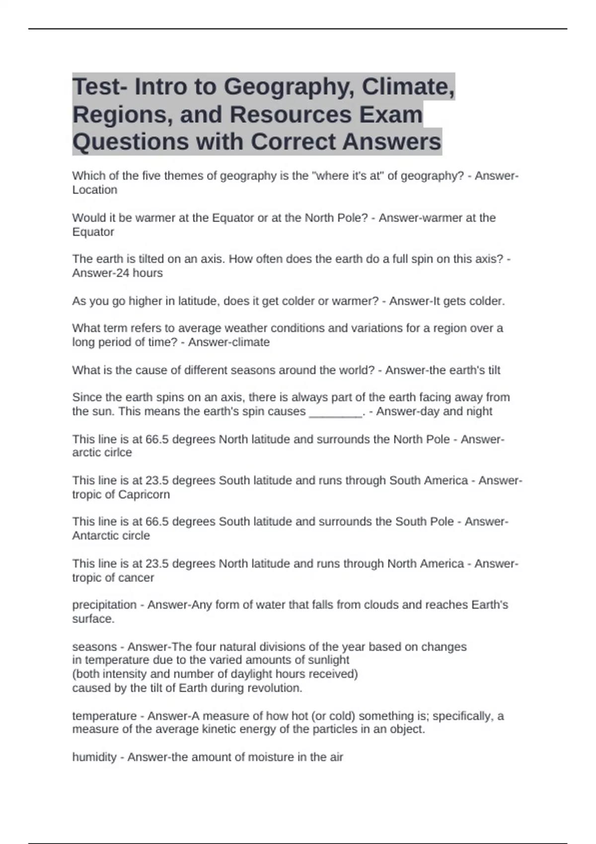 Test- Intro to Geography, Climate, Regions, and Resources Exam ...