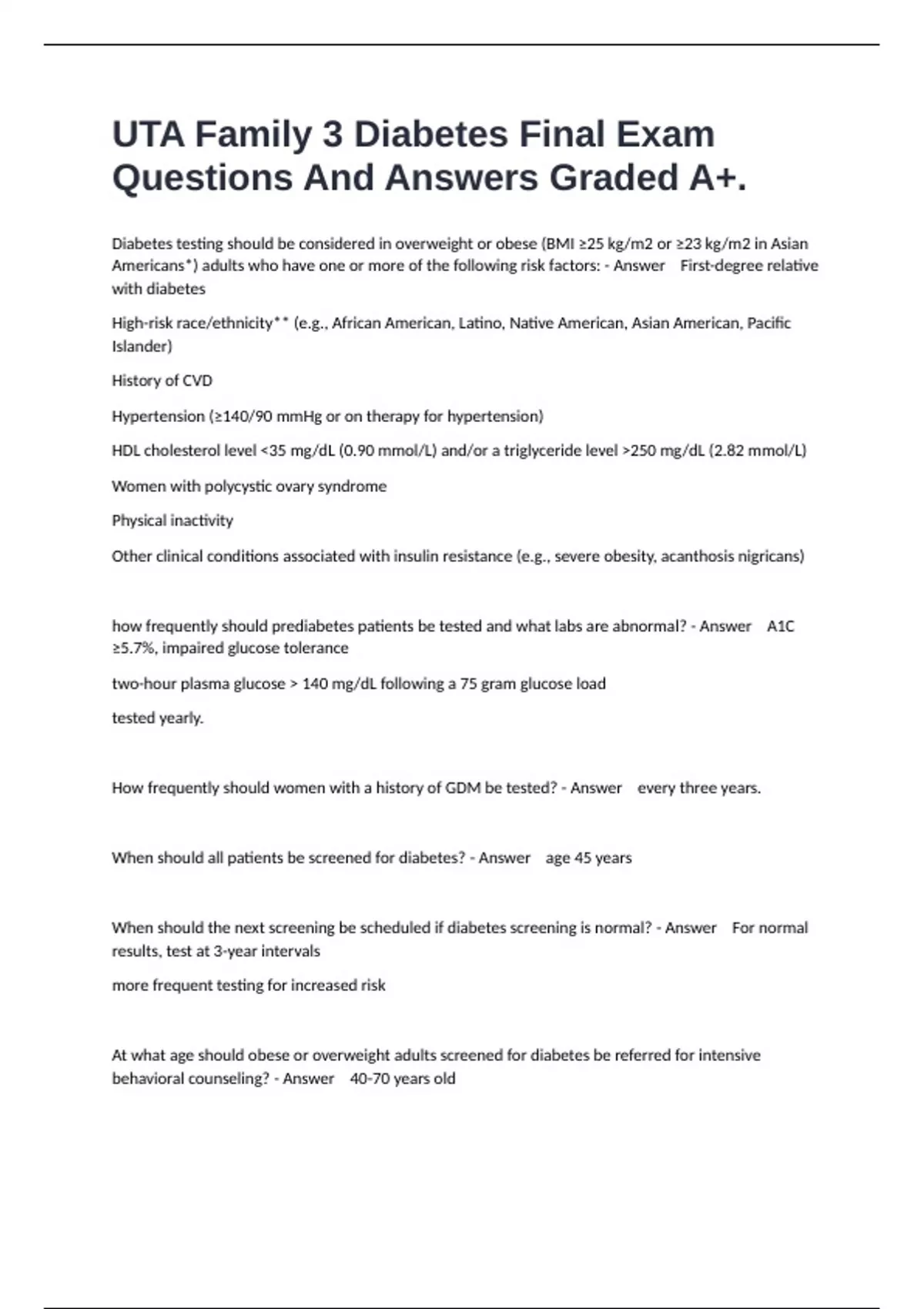 UTA Family 3 Diabetes Final Exam Questions And Answers Graded A+ ...