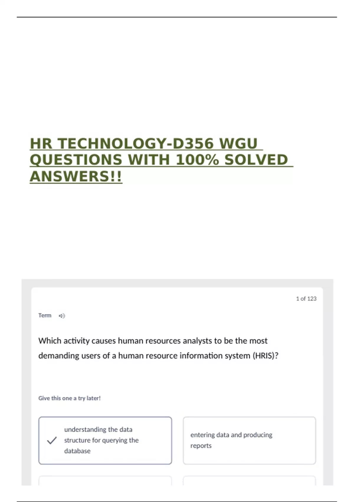 HR TECHNOLOGY-D356 WGU QUESTIONS WITH 100% SOLVED ANSWERS!! - WGU D356 ...