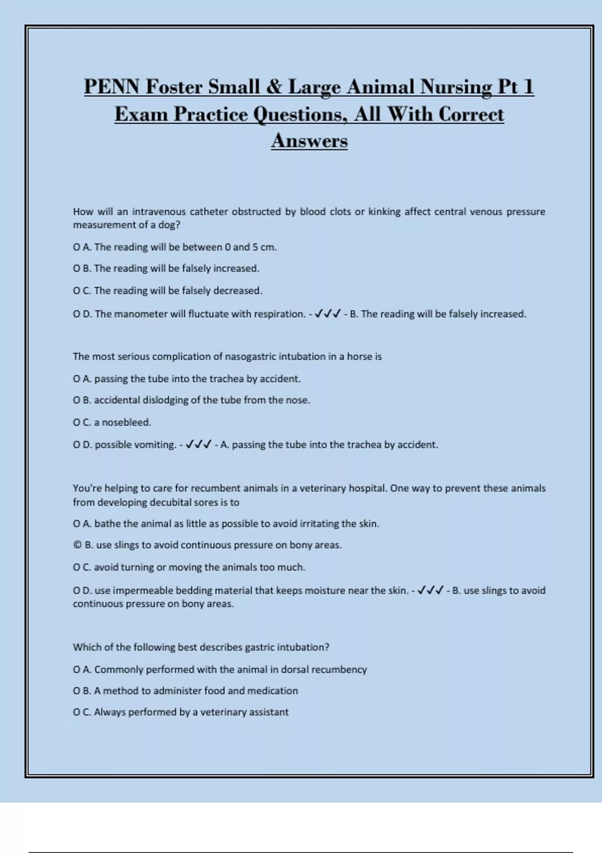 PENN Foster Small & Large Animal Nursing Pt 1 Exam Practice Questions ...