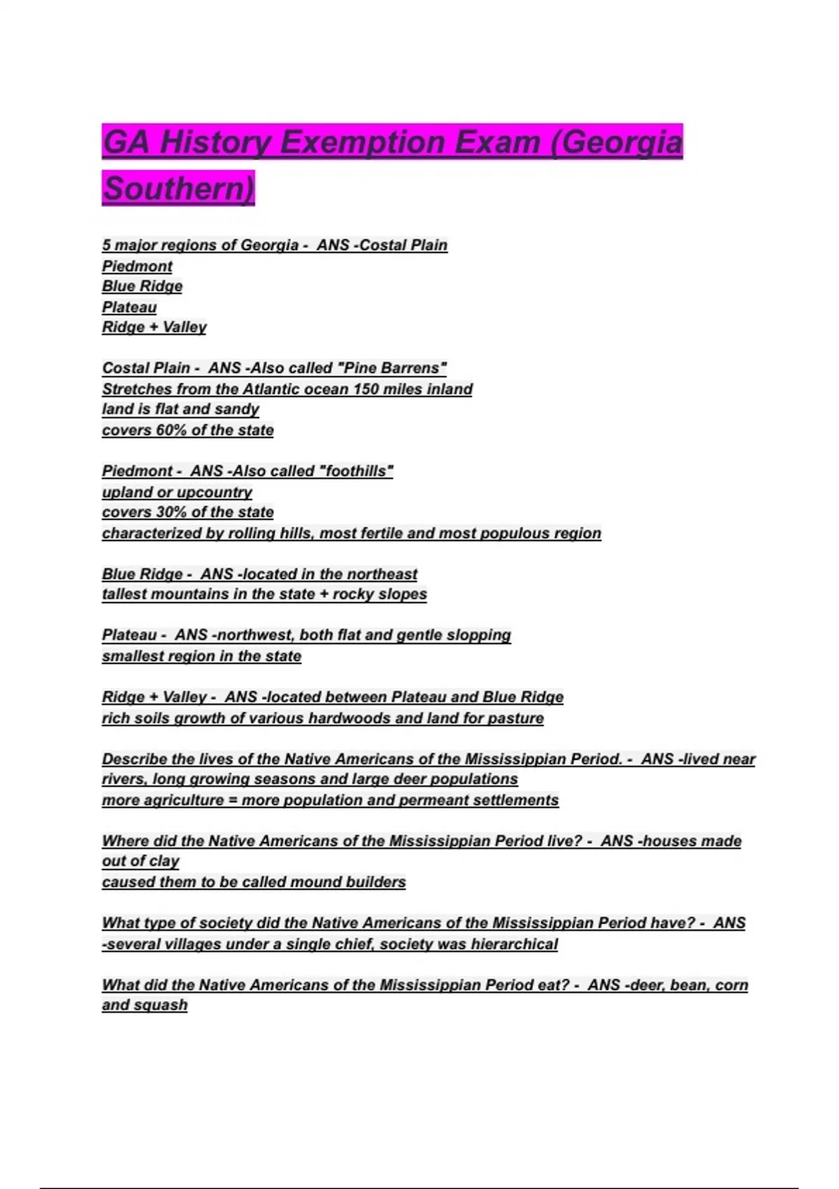 GA History Exemption Exam (Georgia Southern) Questions with correct ...