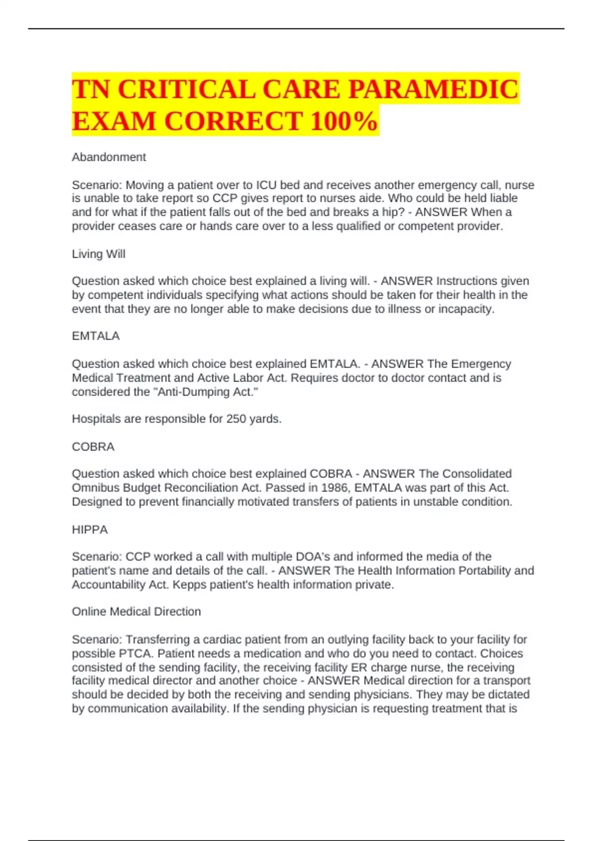 TN CRITICAL CARE PARAMEDIC EXAM CORRECT 100% - FP-C - Board Certified ...