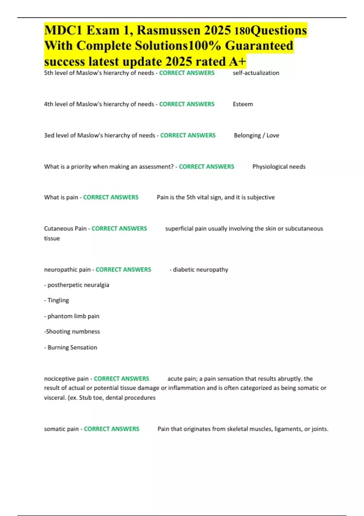 Summary MDC1 Exam 1, Rasmussen 2025 180Questions With Complete Solutions100% Guaranteed success ...