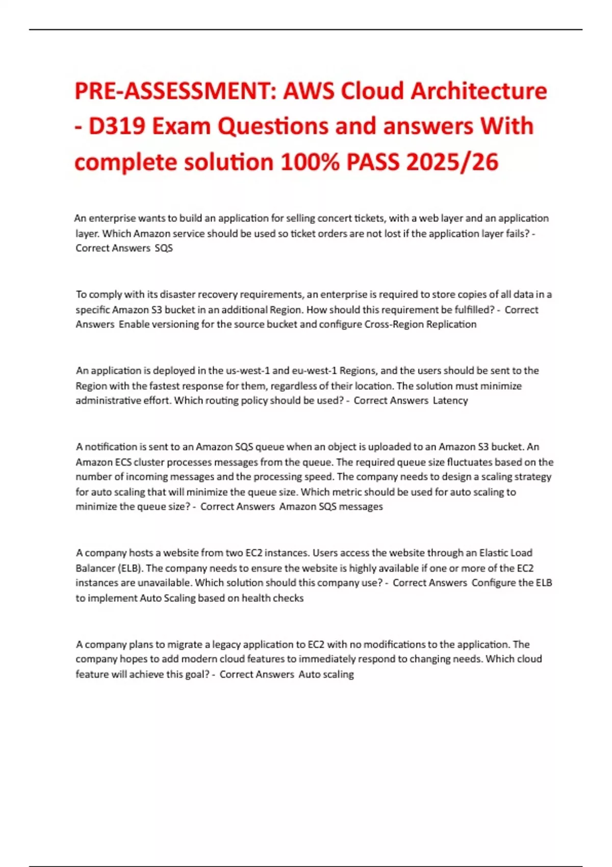 PRE-ASSESSMENT: AWS Cloud Architecture - D319 Exam Questions and ...