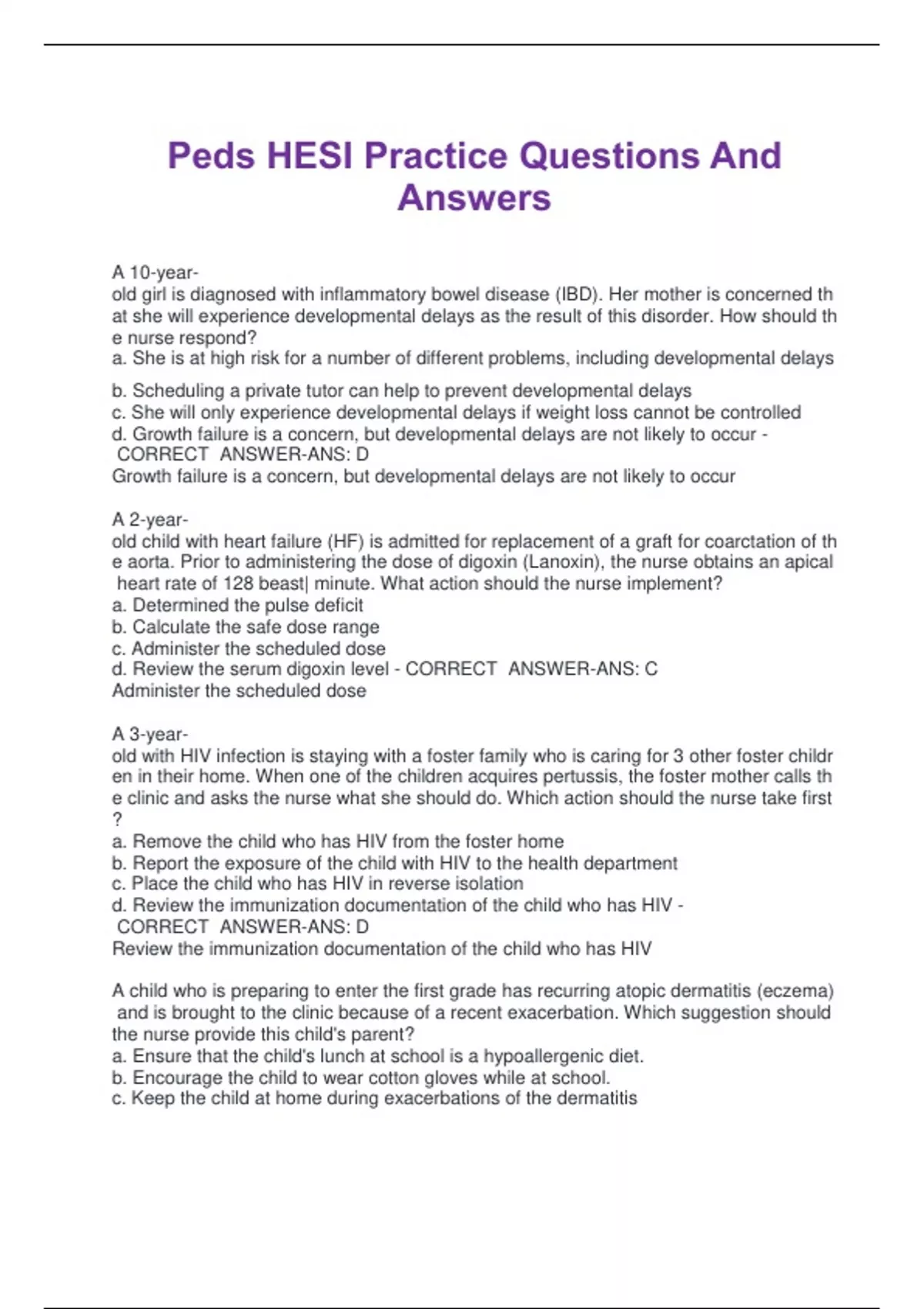 Peds HESI Practice Questions And Answers - Peds HESI - Stuvia US