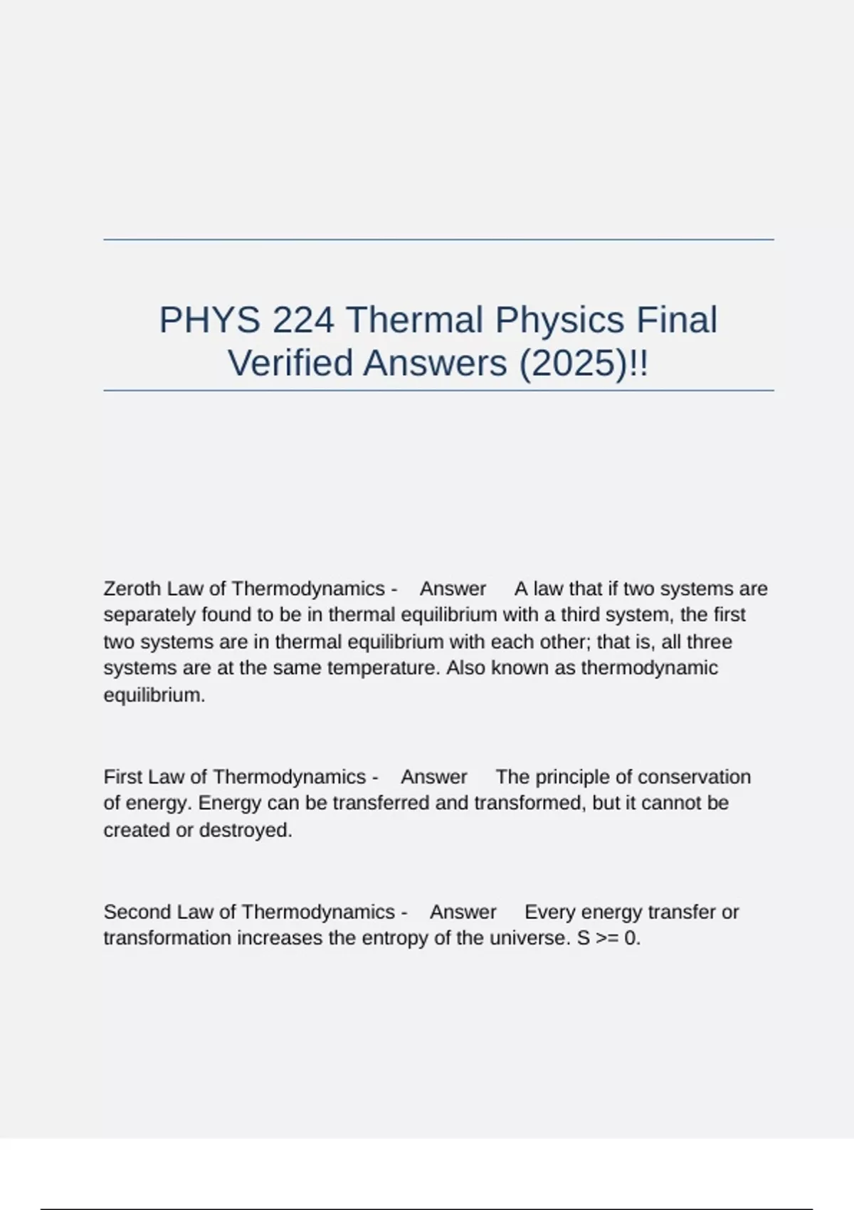 PHYS 224 Thermal Physics Final Verified Answers (2025)!! - PHYS 224 - Stuvia US