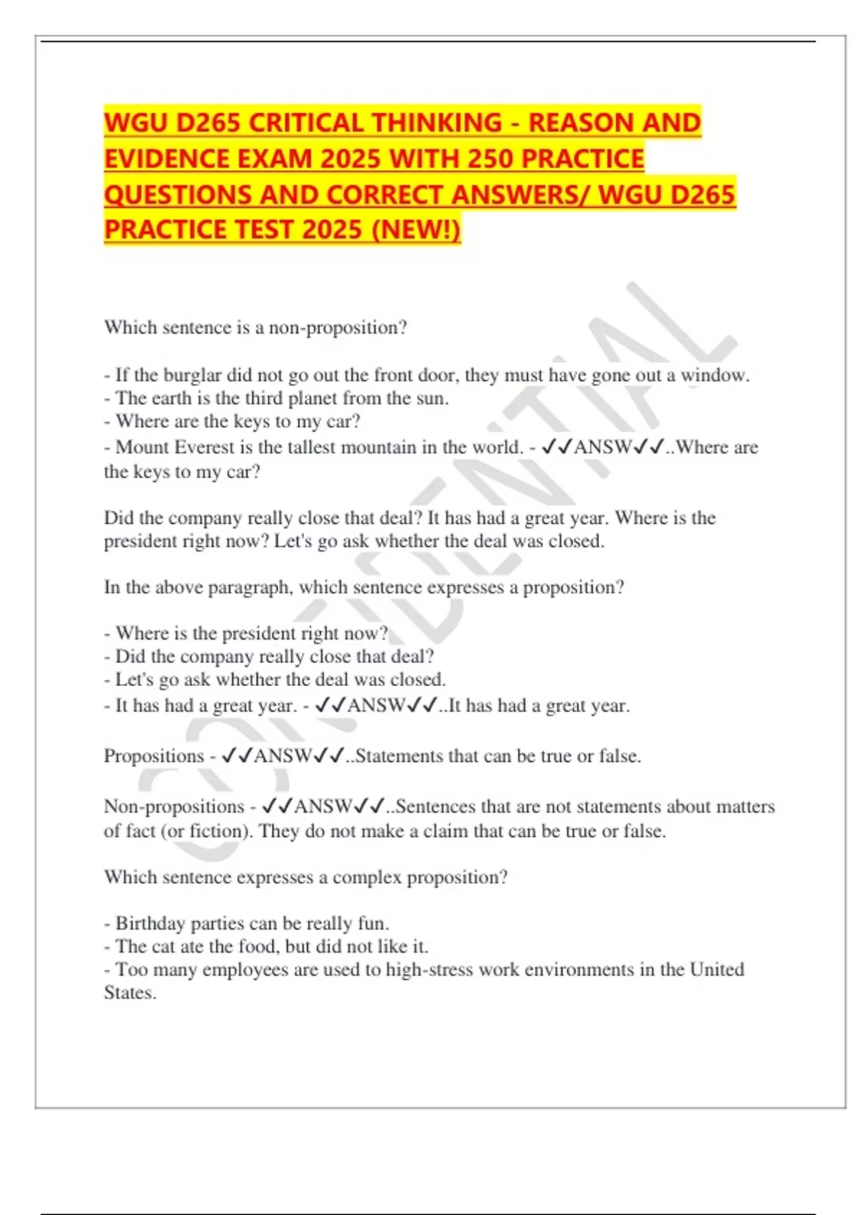 WGU D265 CRITICAL THINKING - REASON AND EVIDENCE EXAM 2025 WITH 250 ...