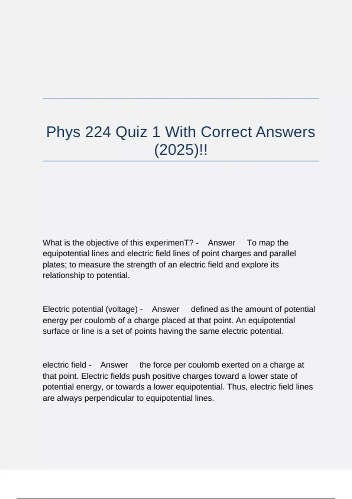 Phys 224 Quiz 1 With Correct Answers (2025)!! - PHYS 224 - Stuvia US