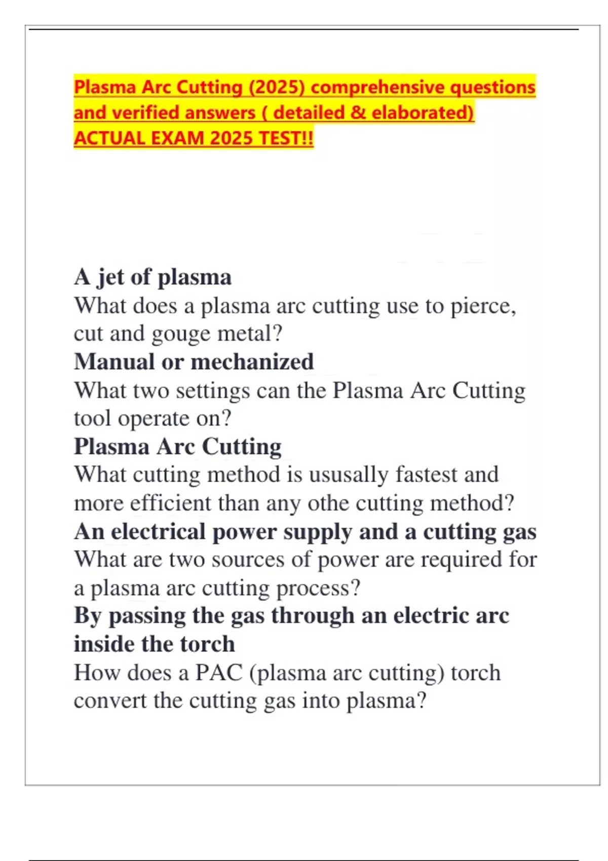 Plasma Arc Cutting (2025) comprehensive questions and verified answers ...