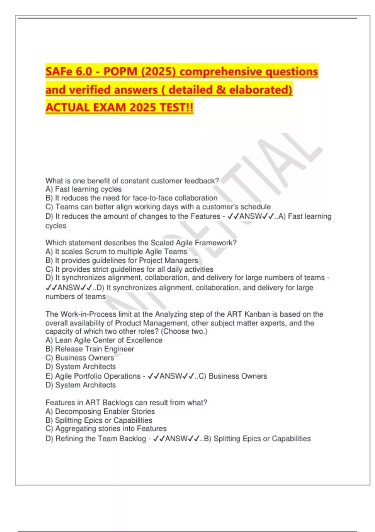 SAFe 6.0 - POPM (2025) comprehensive questions and verified answers ...