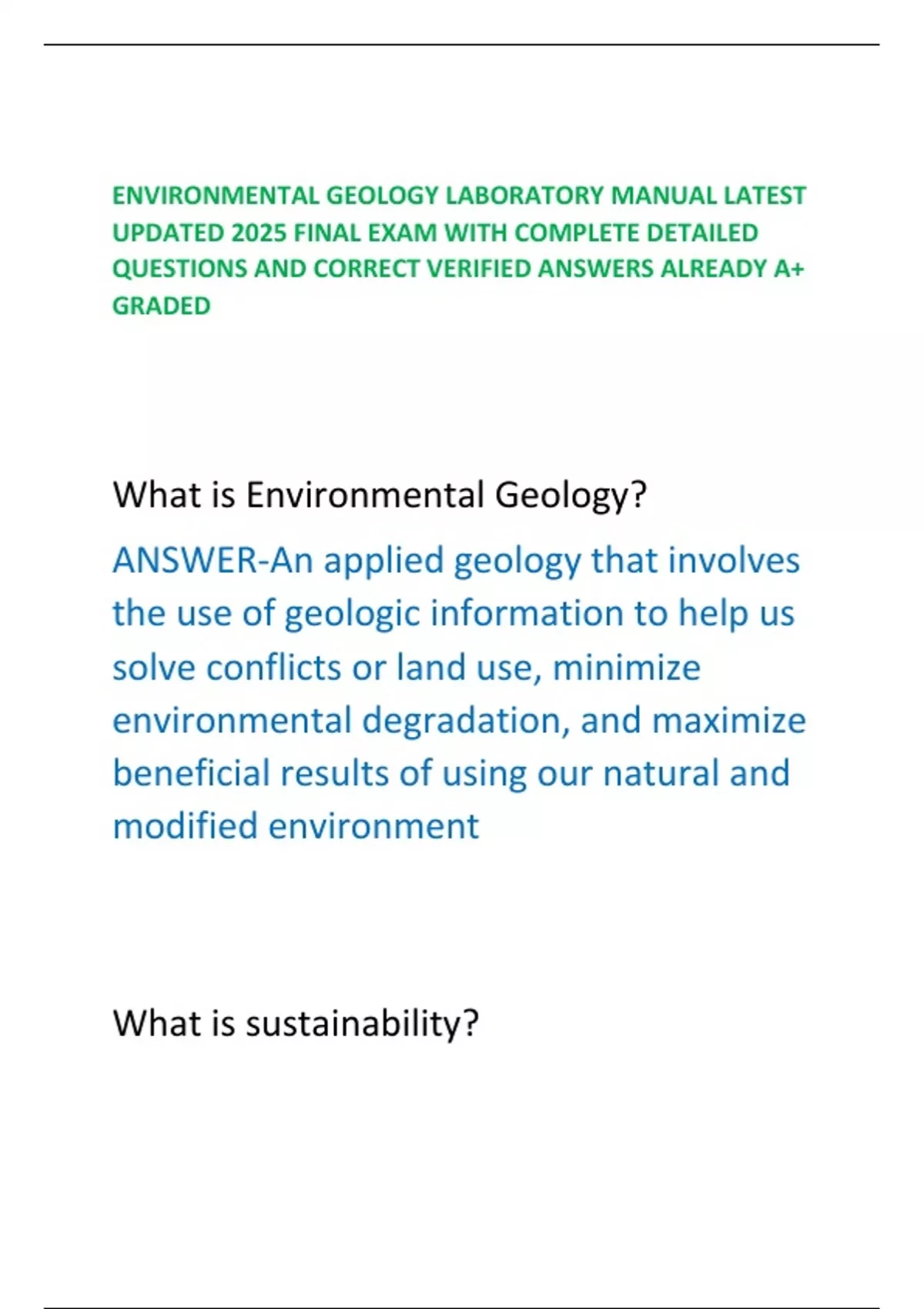 ENVIRONMENTAL GEOLOGY LABORATORY MANUAL LATEST UPDATED 2025 FINAL EXAM ...