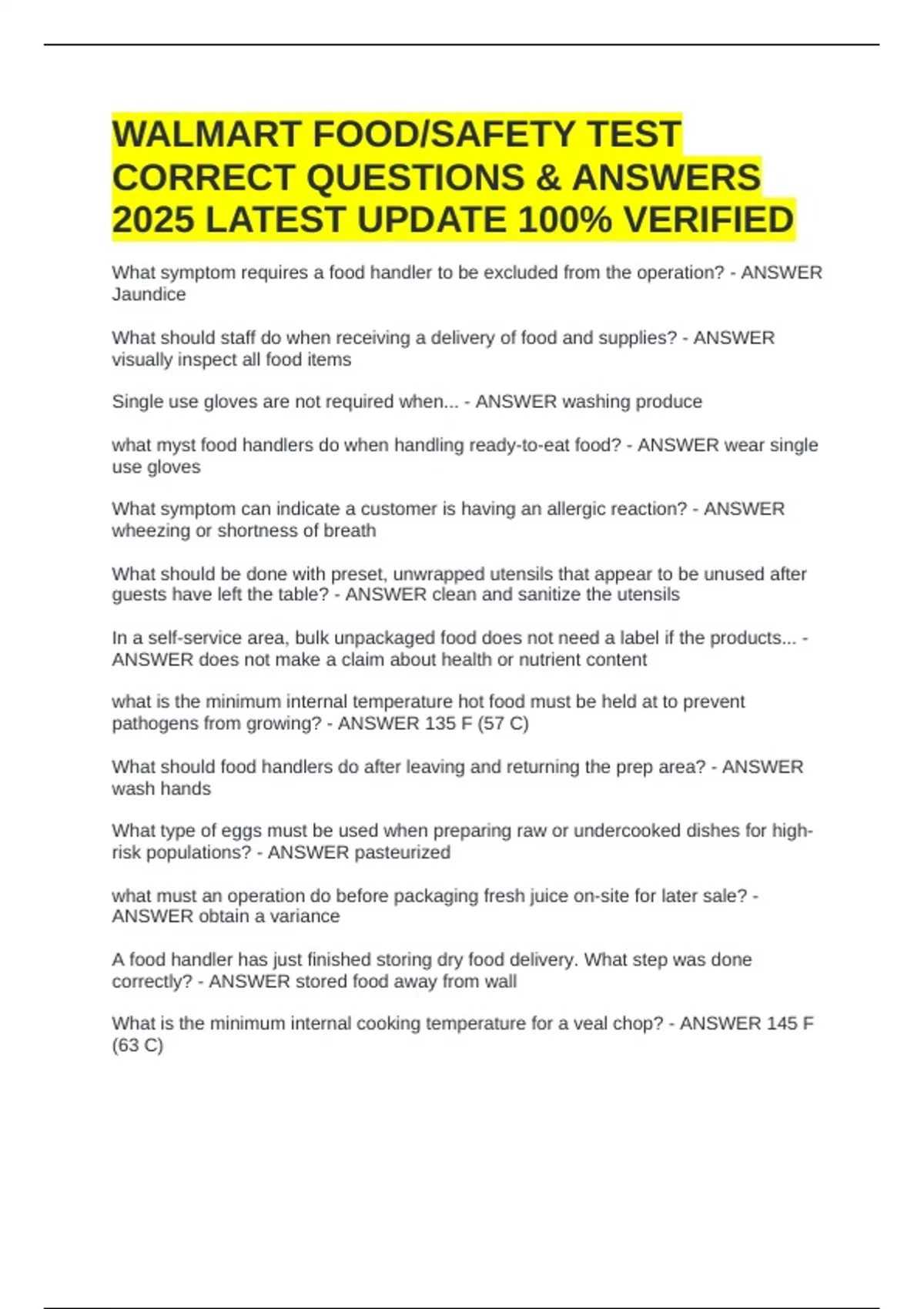 WALMART FOOD/SAFETY TEST CORRECT QUESTIONS & ANSWERS 2025 LATEST UPDATE ...