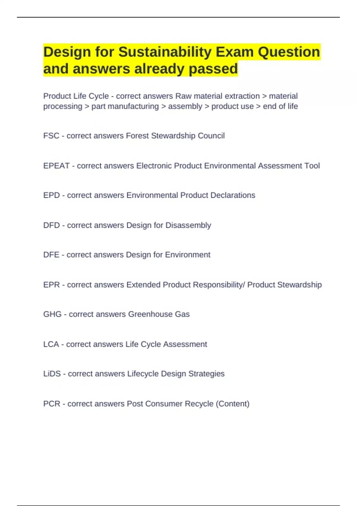 Design for Sustainability Exam Question and answers already passed ...