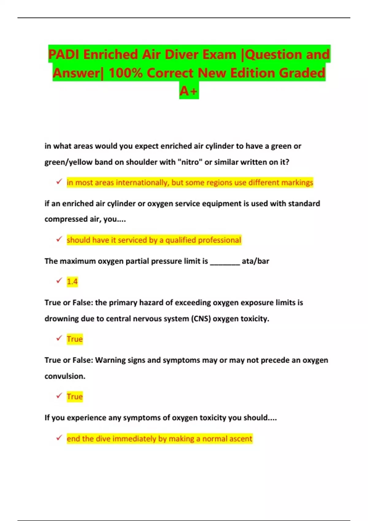 PADI Enriched Air Diver Exam |Question and Answer| 100% Correct New ...