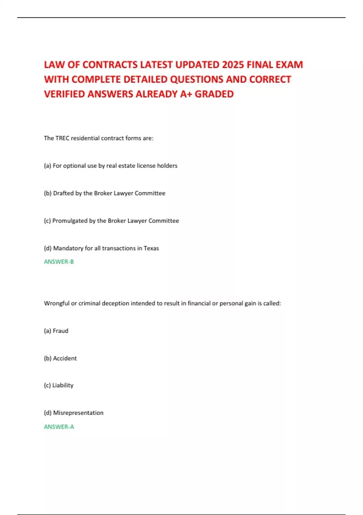 LAW OF CONTRACTS LATEST UPDATED 2025 FINAL EXAM WITH COMPLETE DETAILED ...