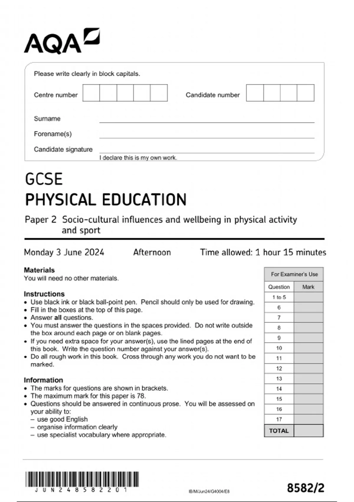 AQA GCSE PHYSICAL EDUCATION PAPER 2 2024(8582/2:SOCIAL-CULTURAL ...