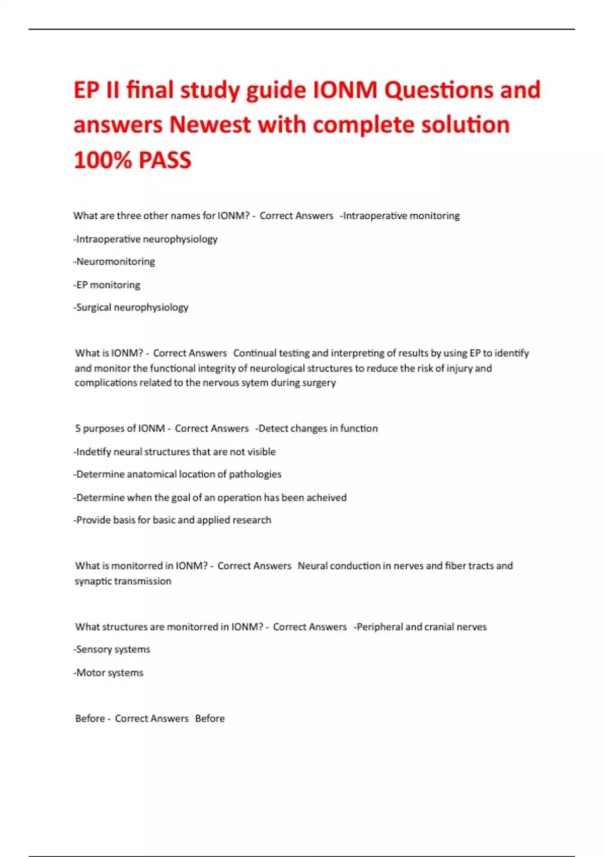 EP II final study guide IONM Questions and answers Newest with complete ...