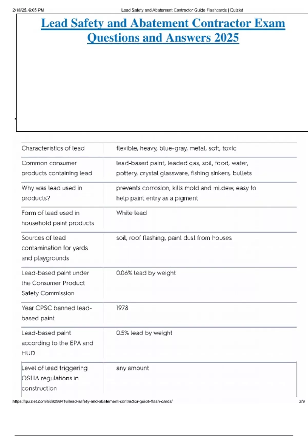 Lead Safety and Abatement Contractor Exam Questions and Answers 2025 ...