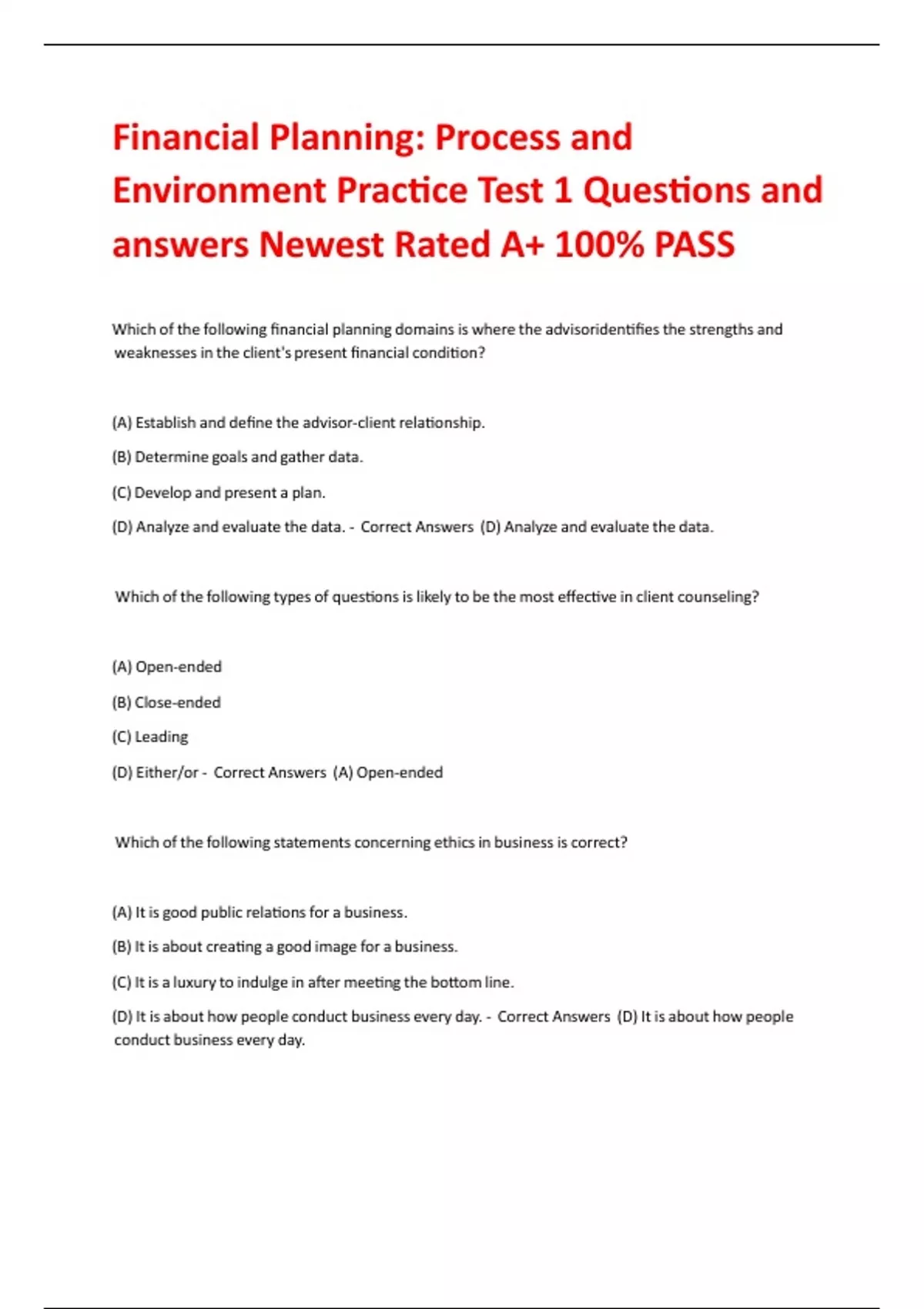 Financial Planning: Process and Environment Practice Test 1 Questions ...