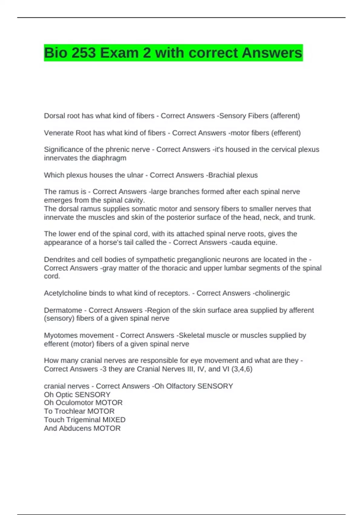 Bio 253 Exam 2 with correct Answers - Bio 253 - Stuvia US