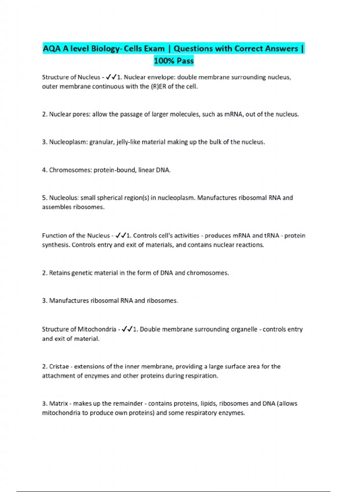 AQA A level Biology- Cells Exam | Questions with Correct Answers | 100% ...