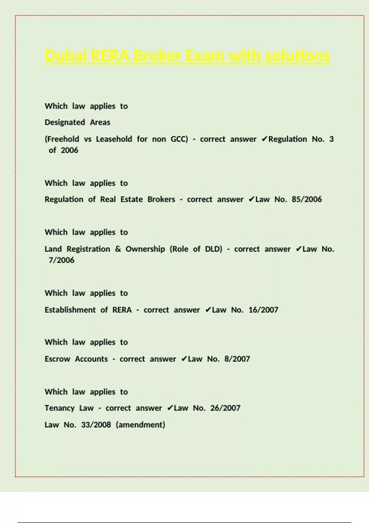 Dubai RERA Broker Exam with solutions - Dubai RERA broker - Stuvia US