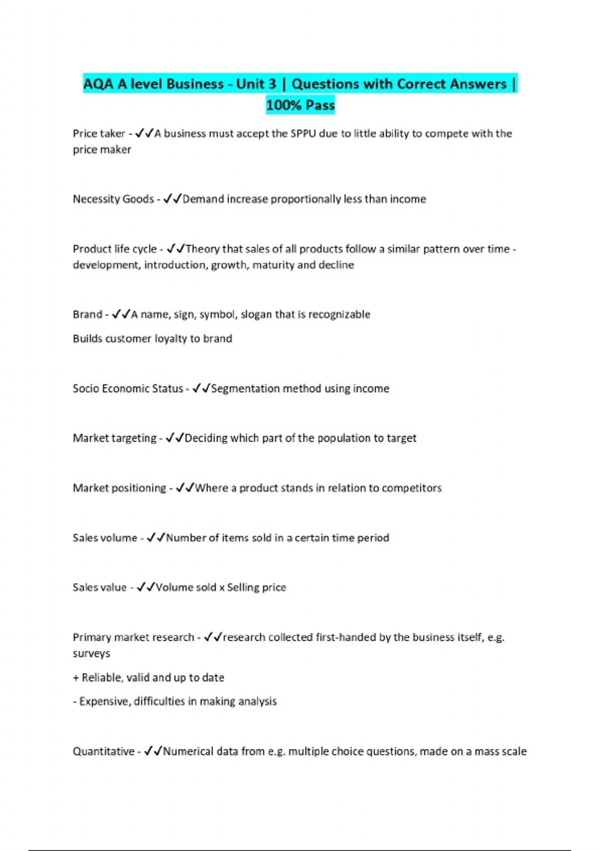 AQA A level Business - Unit 3 | Questions with Correct Answers | 100% ...