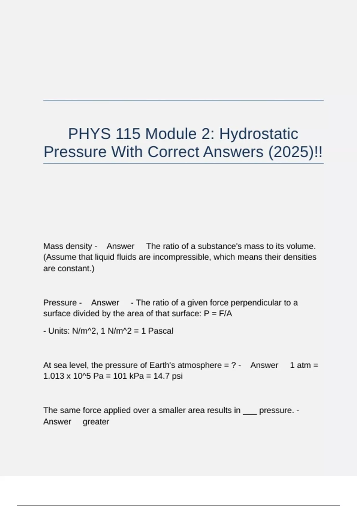 PHYS 115 Module 2 Hydrostatic Pressure With Correct Answers (2025)!! - PHYS 115 - Stuvia US