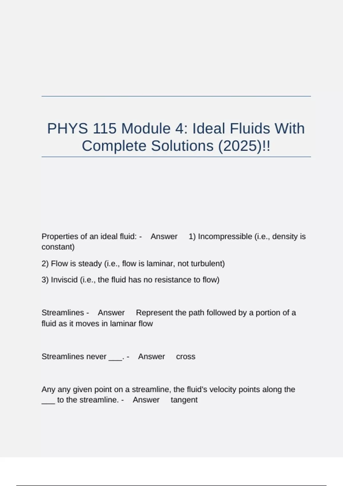 PHYS 115 Module 4 Ideal Fluids With Complete Solutions (2025)!! - PHYS 115 - Stuvia US