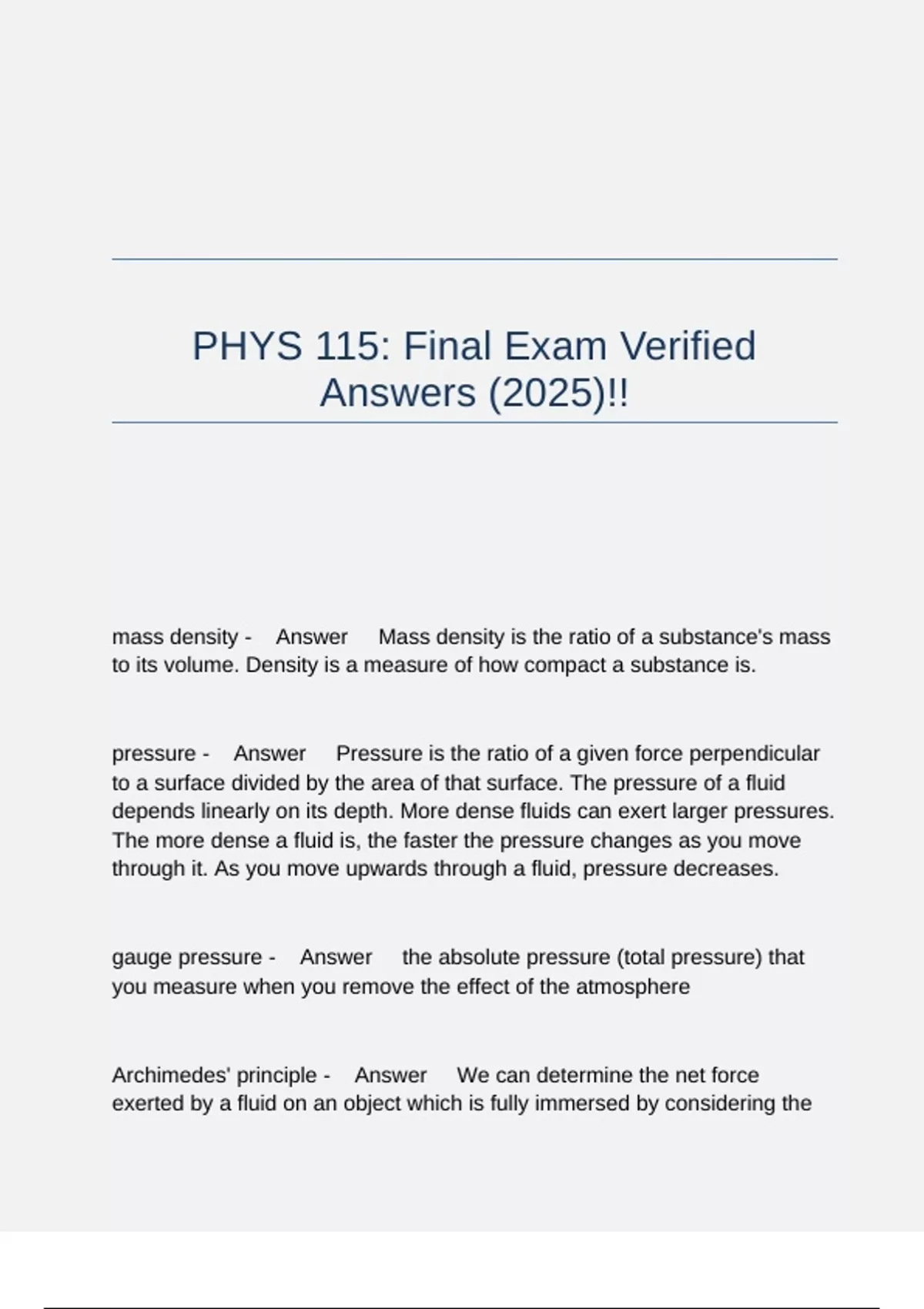 PHYS 115 Final Exam Verified Answers (2025)!! - PHYS 115 - Stuvia US